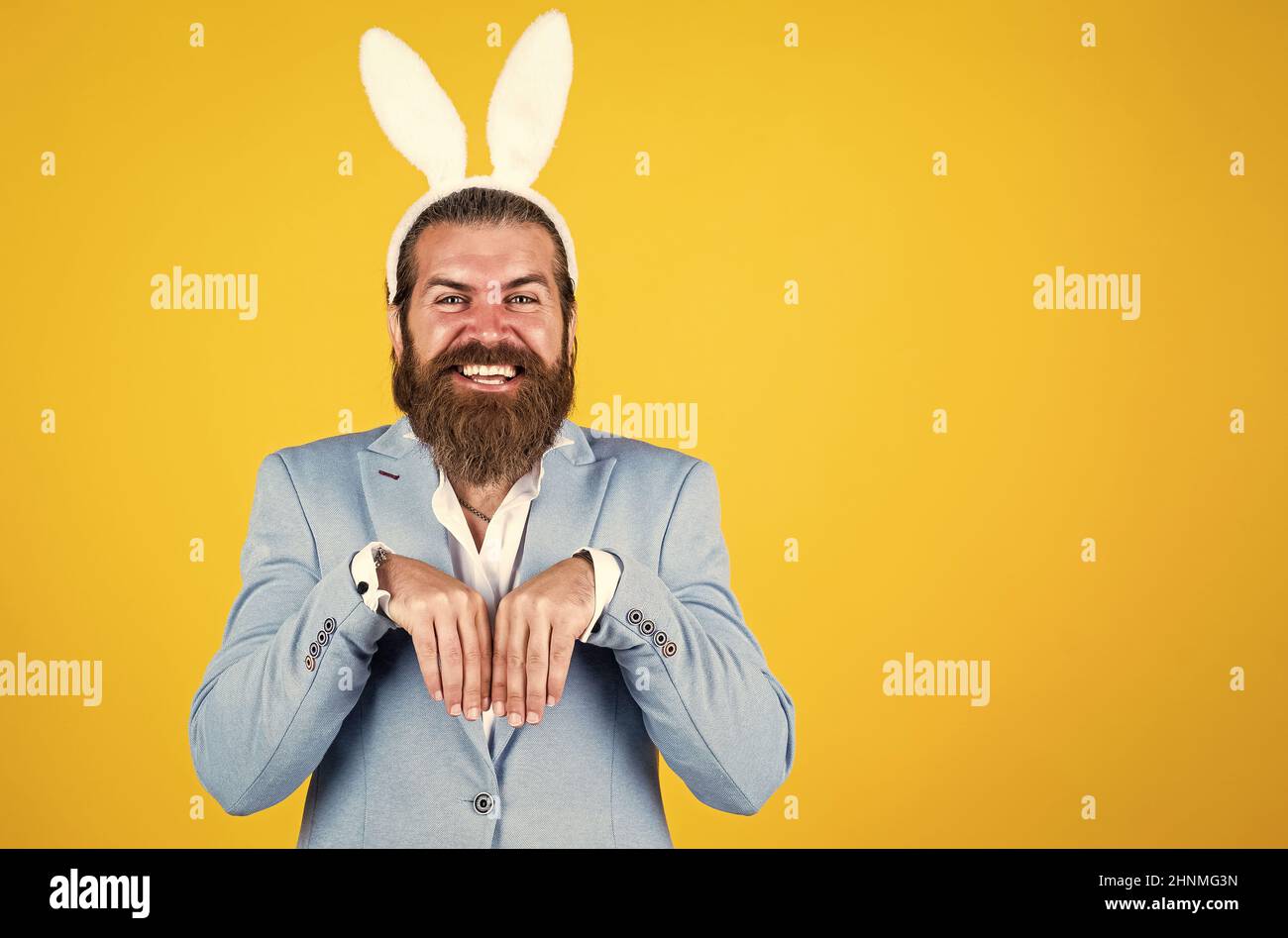 easter bunny man. happy easter. bearded man wear bunny ears. Egg hunt ...