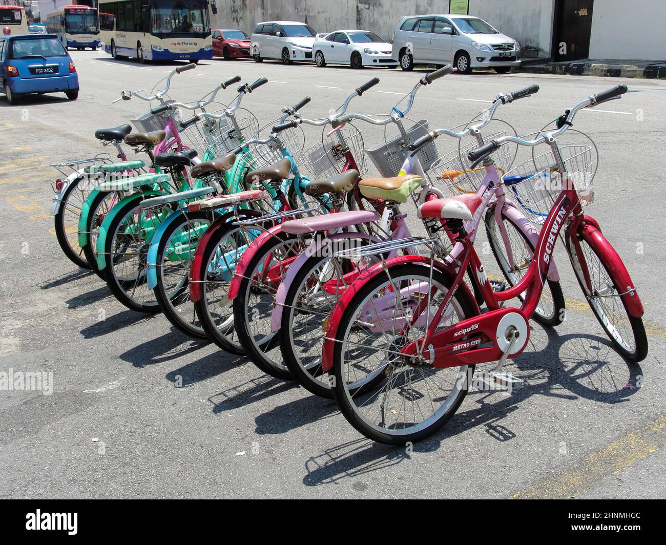 Multi-colored bike parking, Georgetown city, Penang Malaysia ...