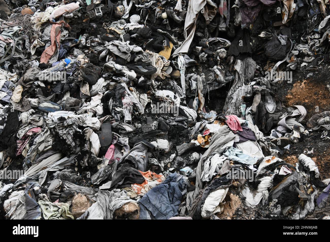 Burnt clothes on a bin in the province of Alicante, Costa Blanca, Spain ...