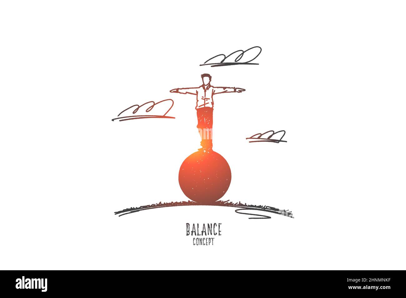 Balance concept. Hand drawn man balances standing on a ball. Balanced ...