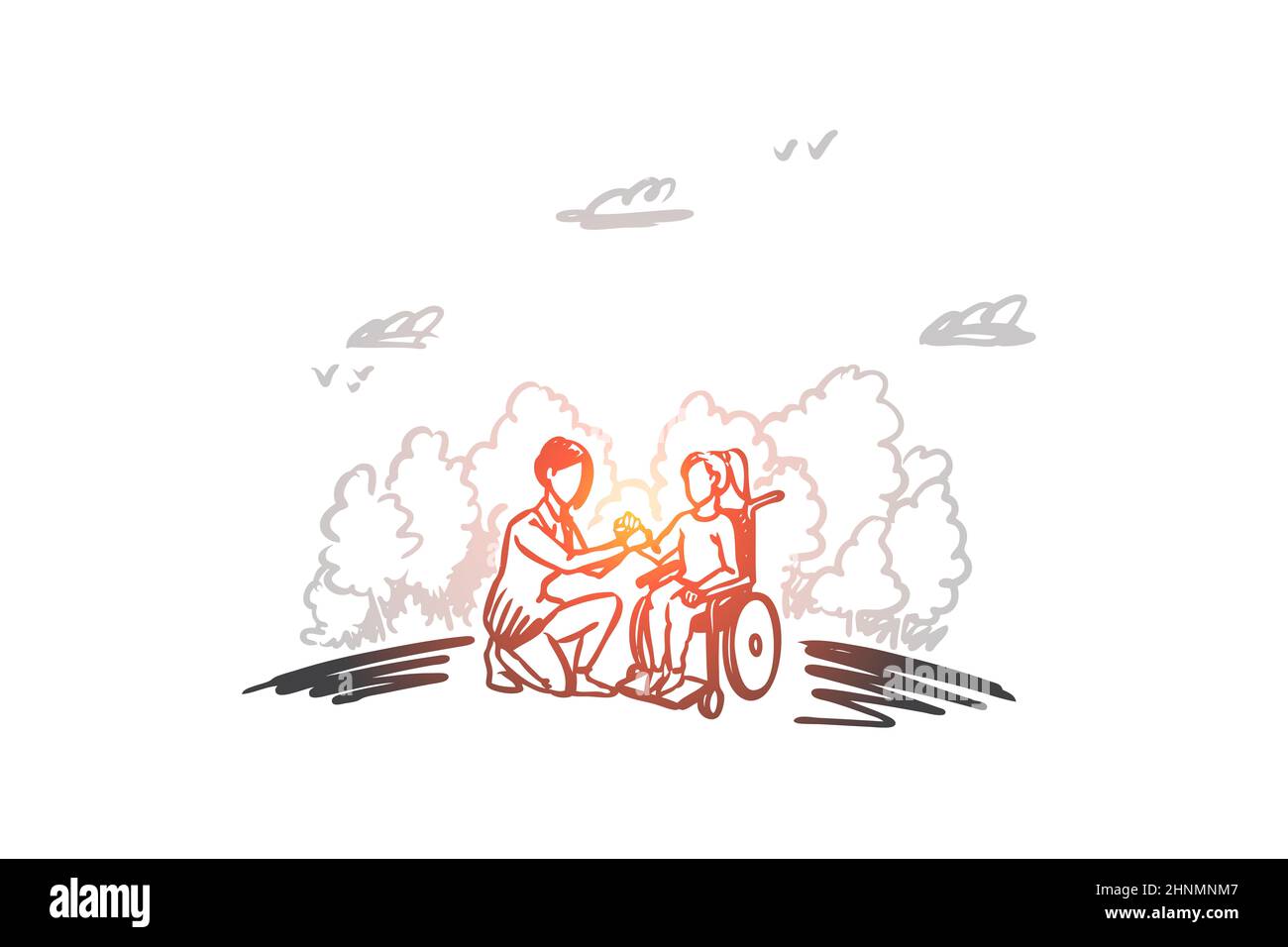 Invalid, disabled, help, medicine, hospital concept. Hand drawn woman ...