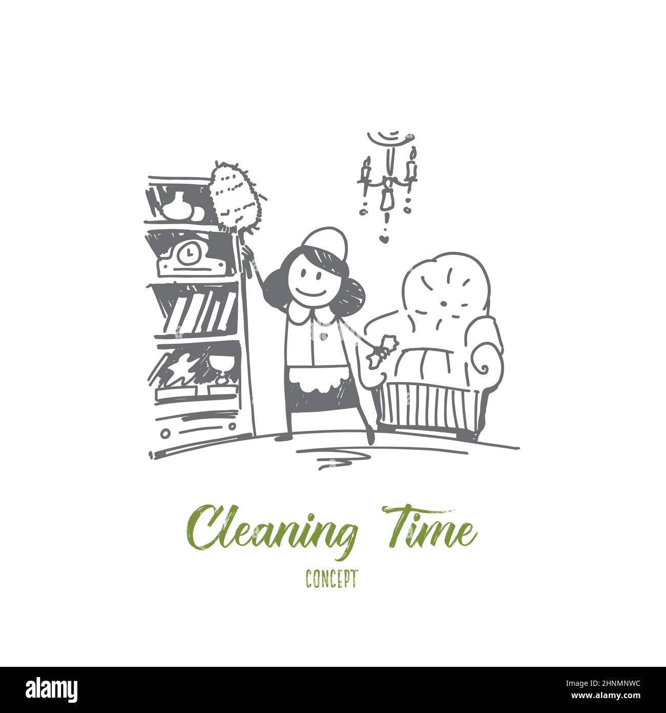 Vector hand drawn cleaning time concept sketch. Cleaning lady in ...