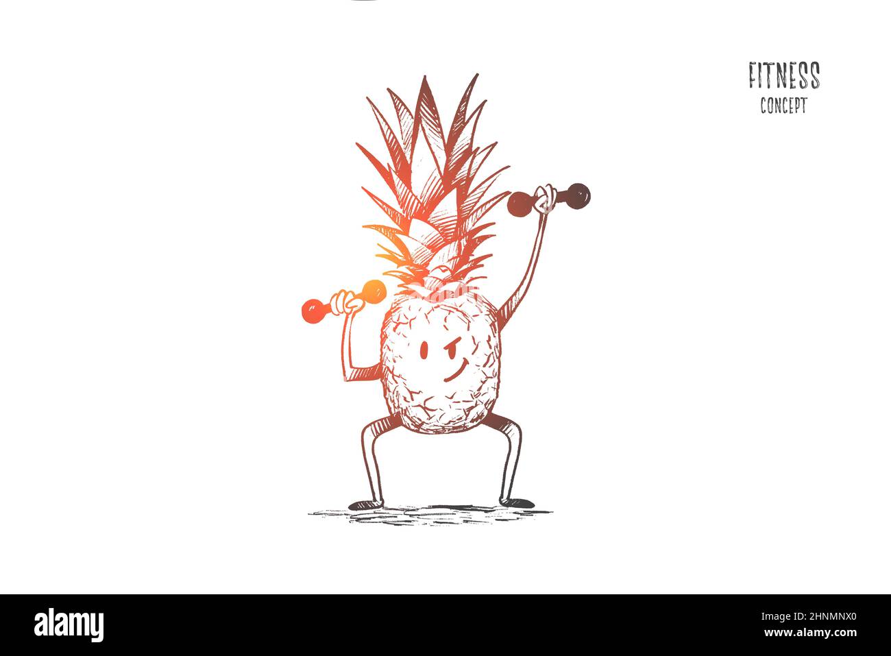 Fitness concept. Hand drawn pineapple cartoon character doing exercises ...