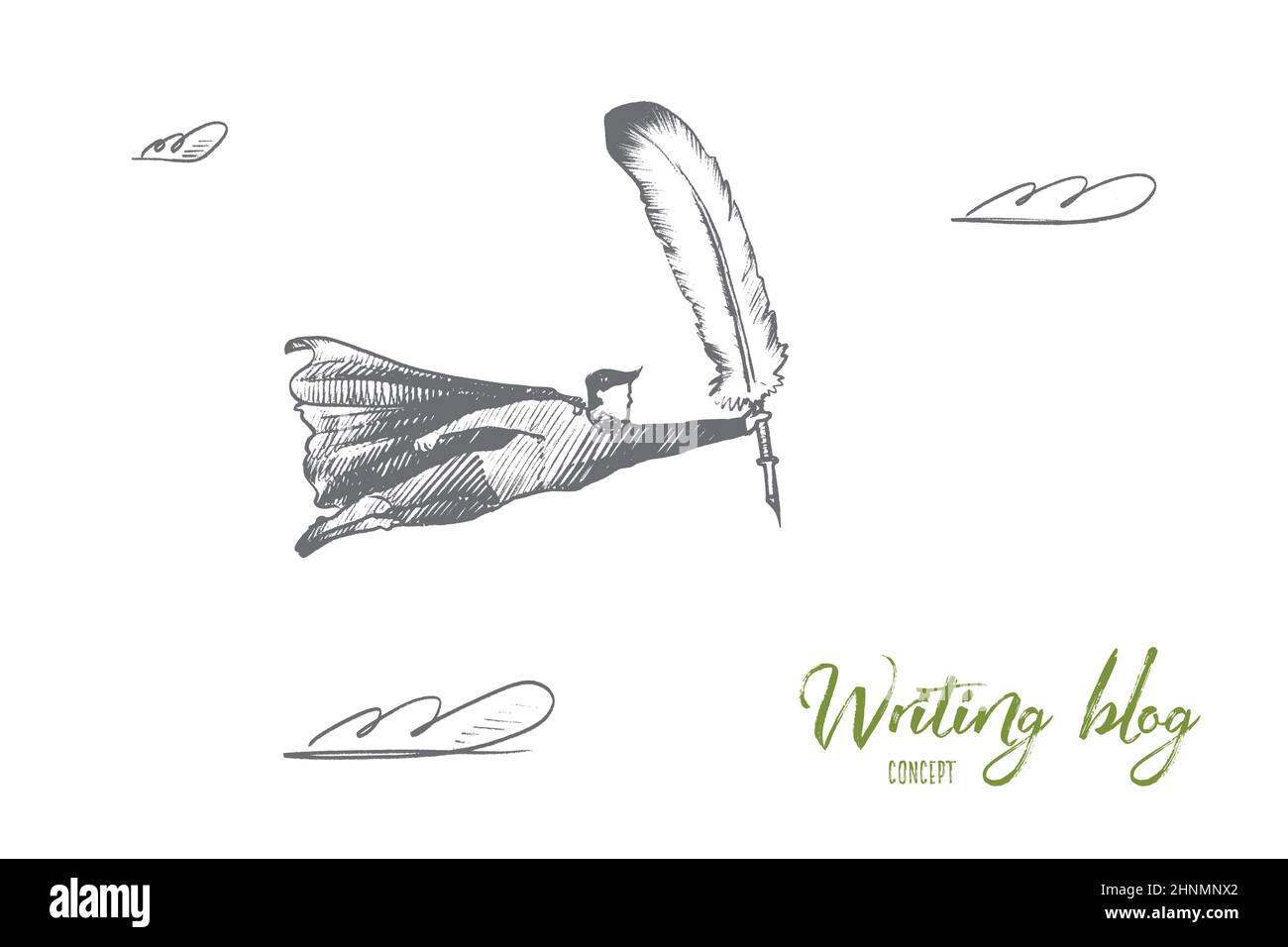 Writing blog concept. Hand drawn superhero with feather in hand as a ...