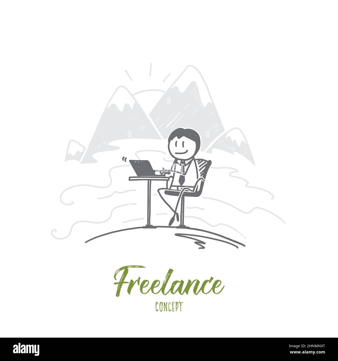Vector hand drawn Freelance concept sketch. Smiling freelancer sitting ...