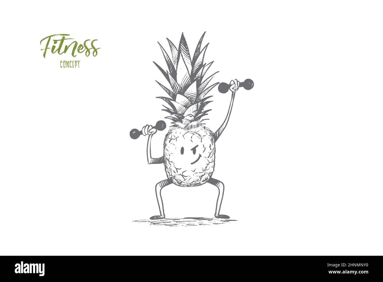 Fitness concept. Hand drawn pineapple cartoon character doing exercises ...