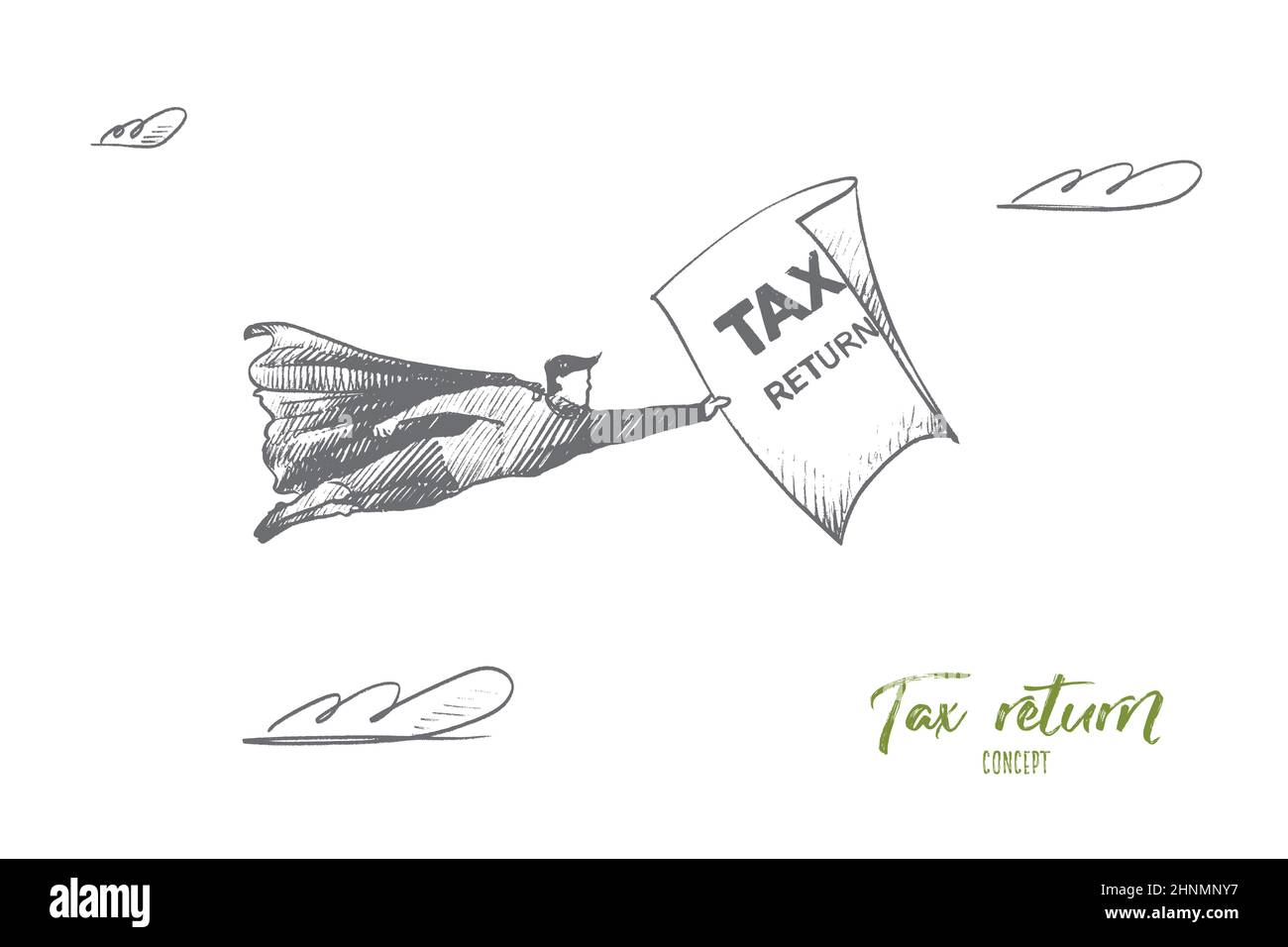 Tax return concept. Hand drawn superhero and paper with text tax return ...