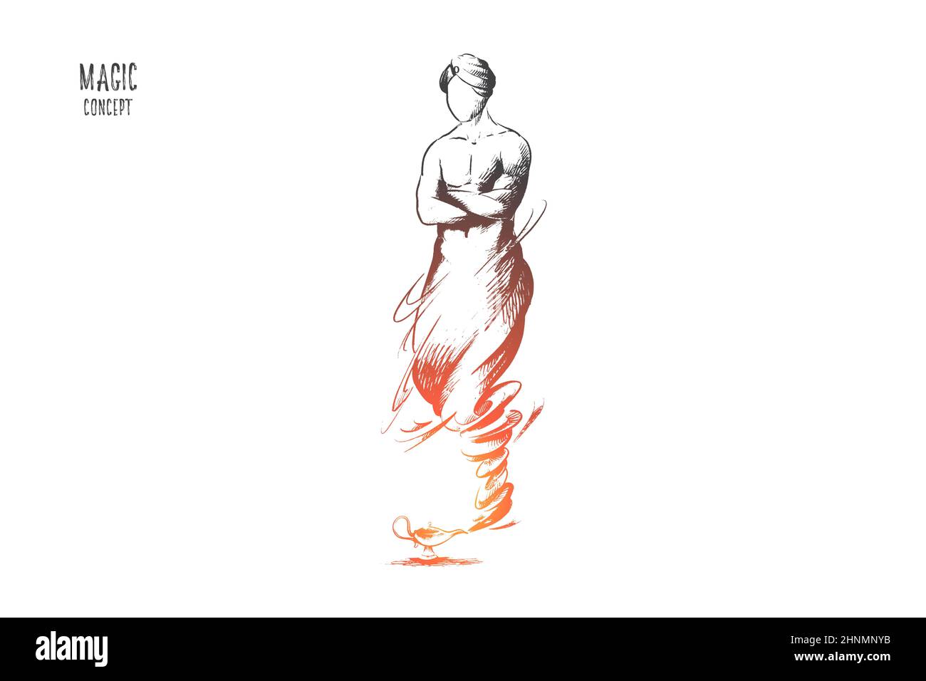 Magic concept. Hand drawn cartoon Genie coming out of magic lamp. Genie ...