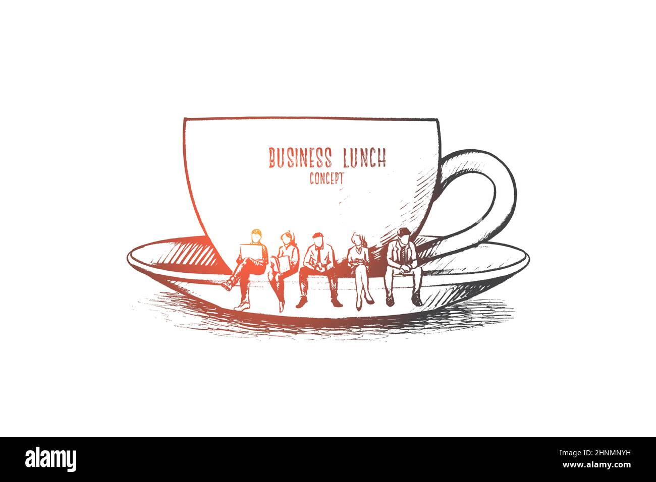 Business lunch concept. Hand drawn Business people meeting and eating ...