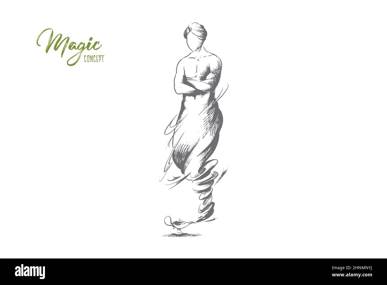 Magic concept. Hand drawn cartoon Genie coming out of magic lamp. Genie ...