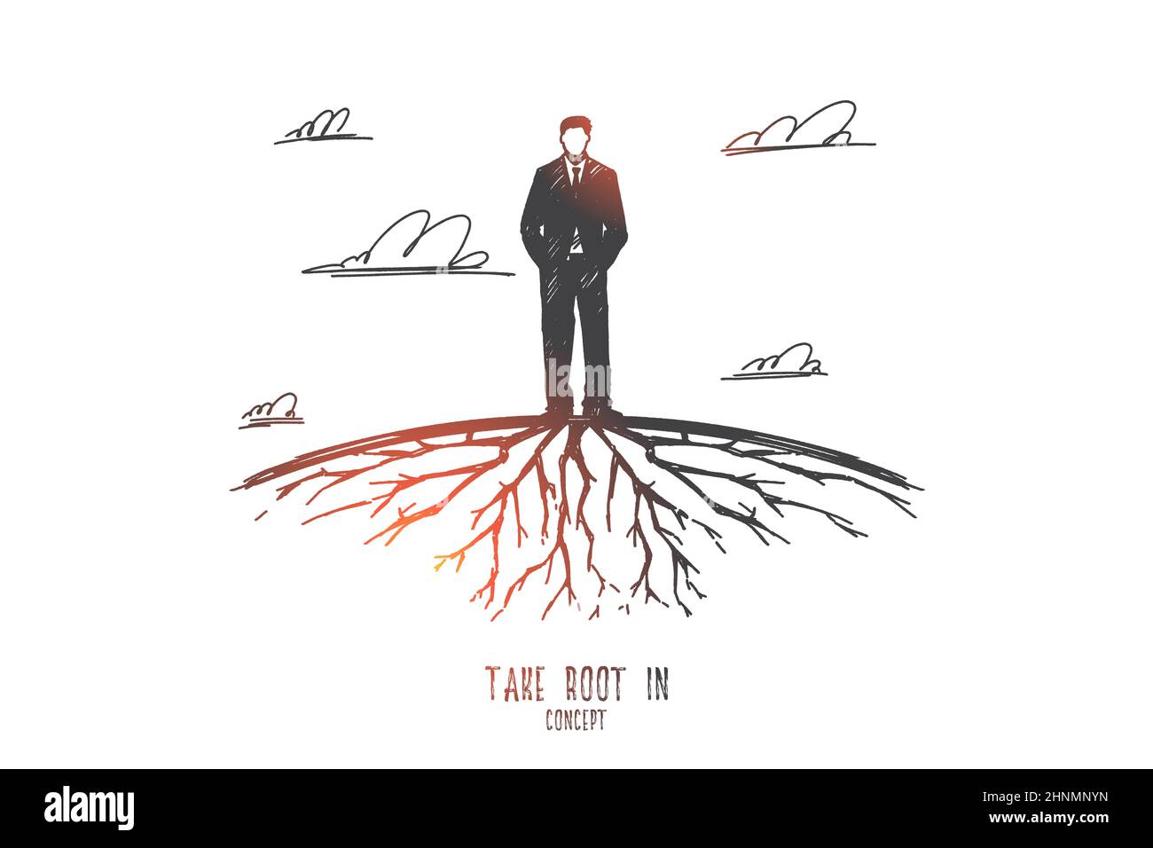 Take root in concept. Hand drawn man standing on Earth and roots under ...