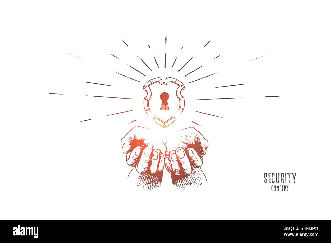 Security concept. Hand drawn human hands with security icon shield ...