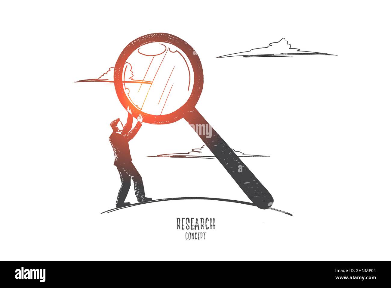Research concept. Hand drawn man holding magnifying glass. Male person ...