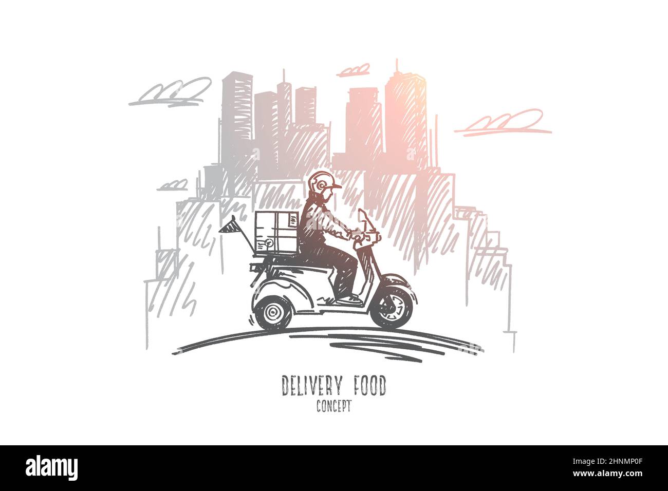 Delivery food concept. Hand drawn delivery scooter on its way to ...