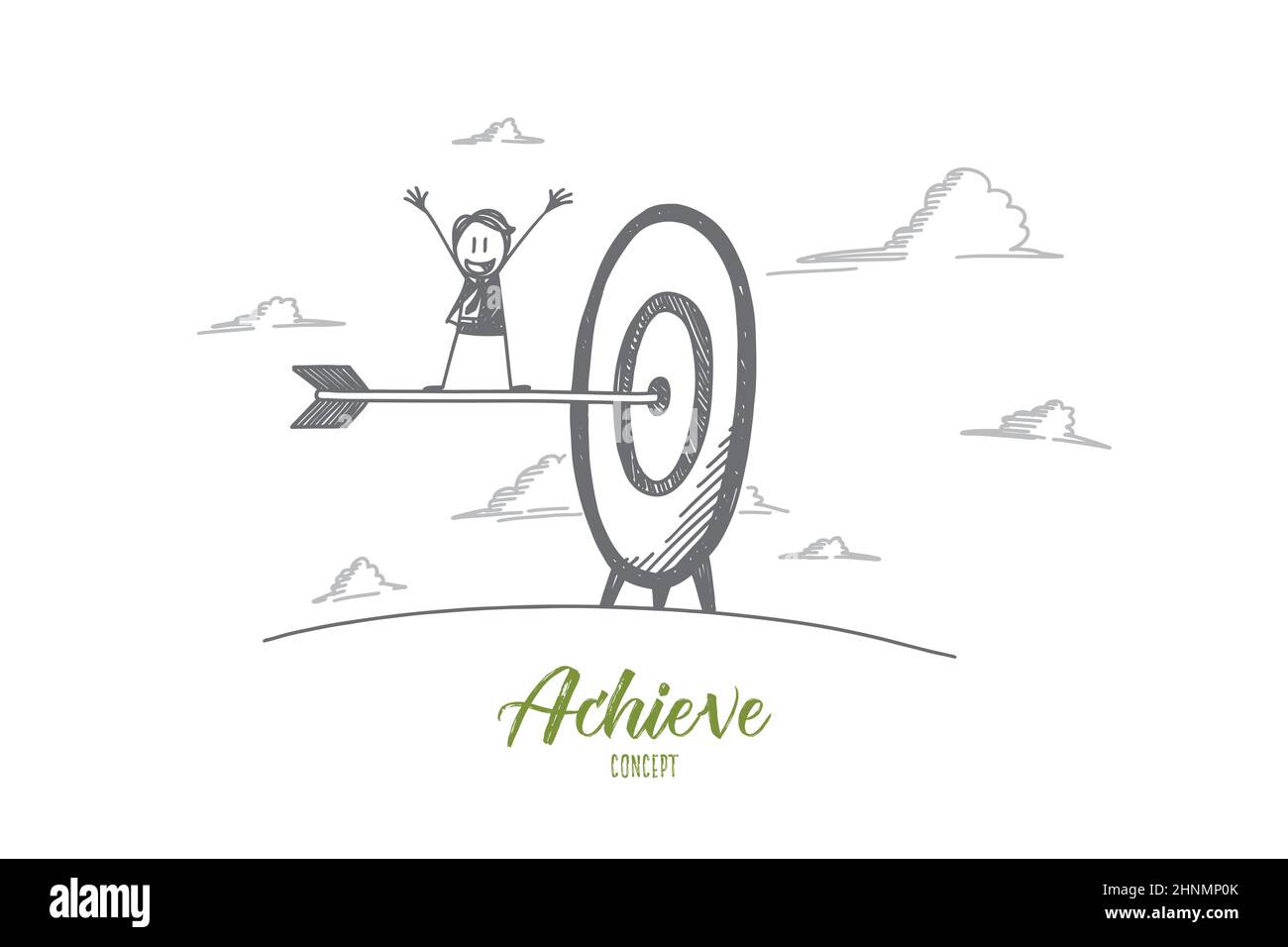 Achieve concept. Hand drawn arrow in the center of target. Happy person ...
