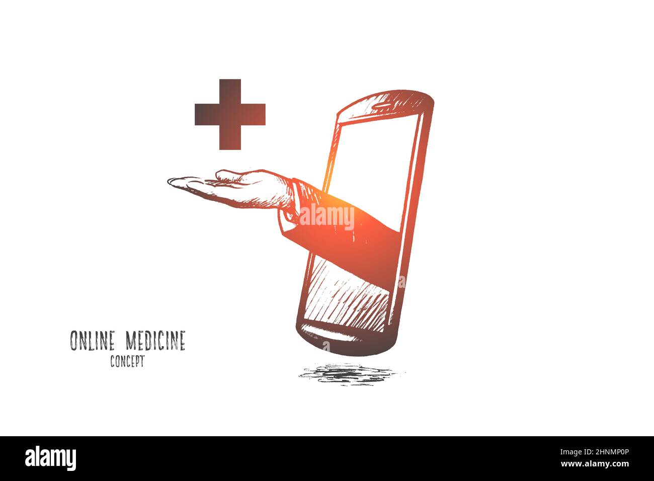 Online medicine concept. Hand drawn doctor's hand in mobile phone ...