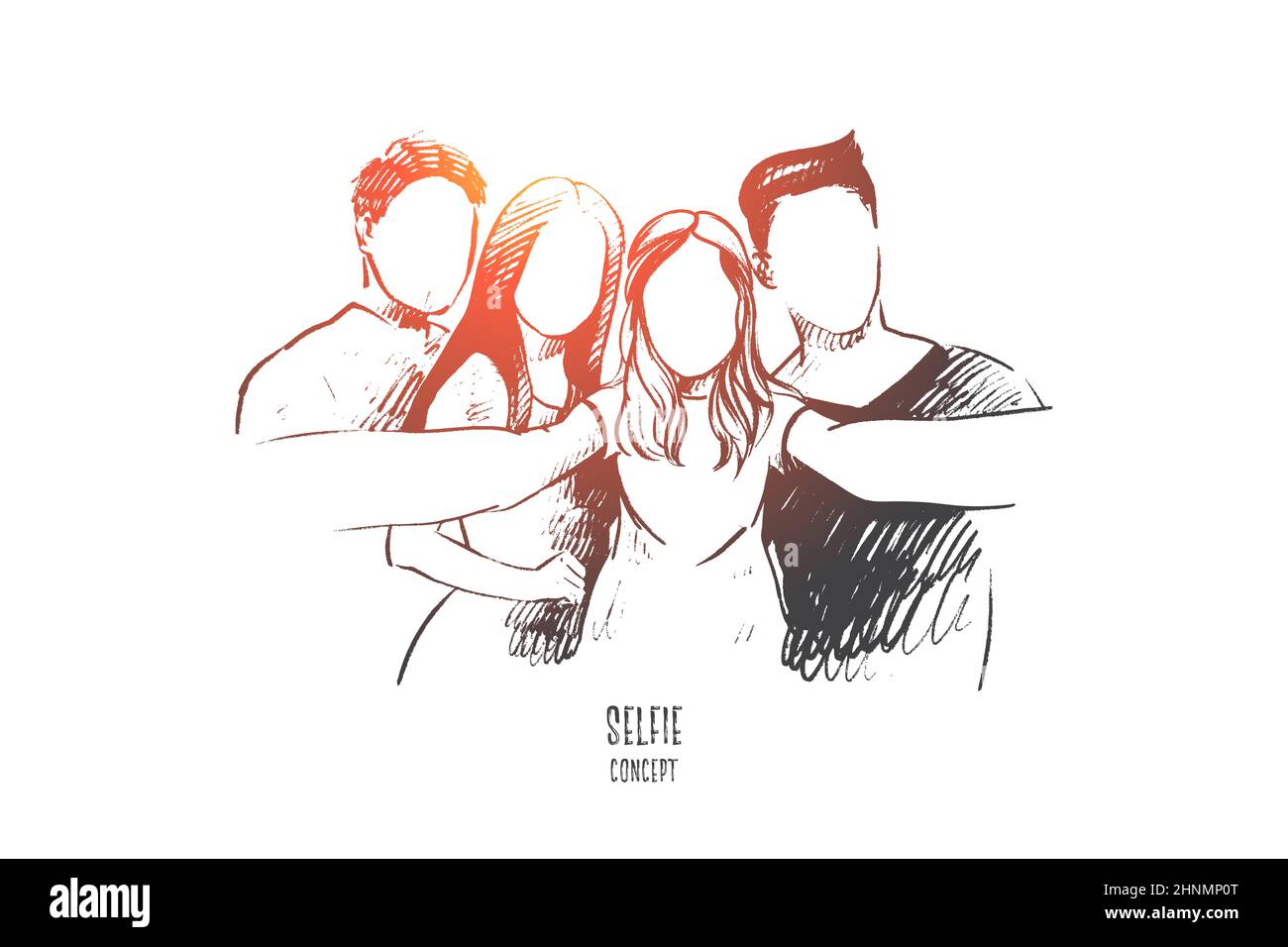 Selfie concept. Hand drawn group of people taking selfie. Friends ...