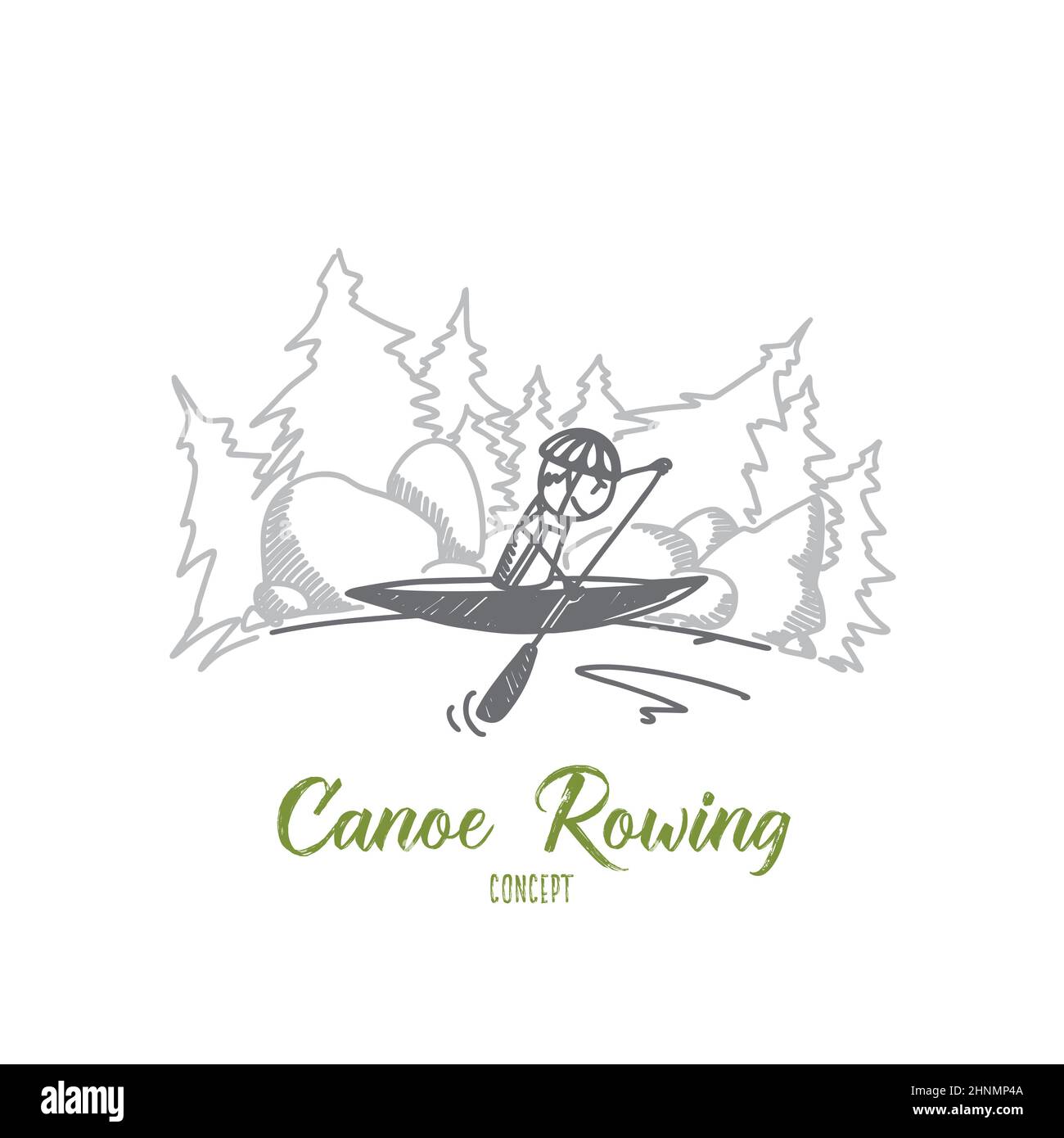Canoe rowing concept. Hand drawn male athlete in a canoe rowing across ...