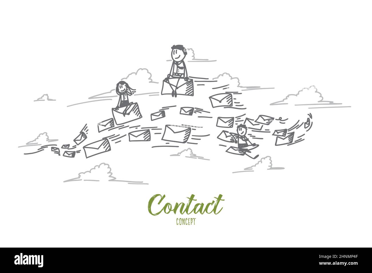 Contact concept. Hand drawn people sending e-mails to each other ...