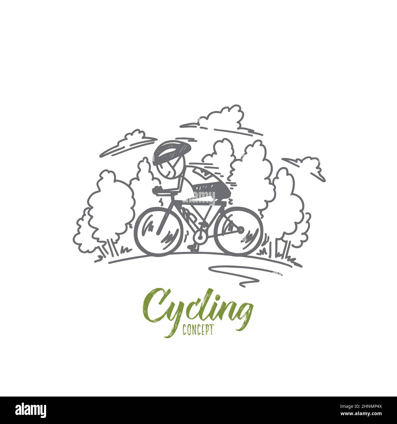 Cycling concept. Hand drawn man cycling road bike. Cyclist moving on ...