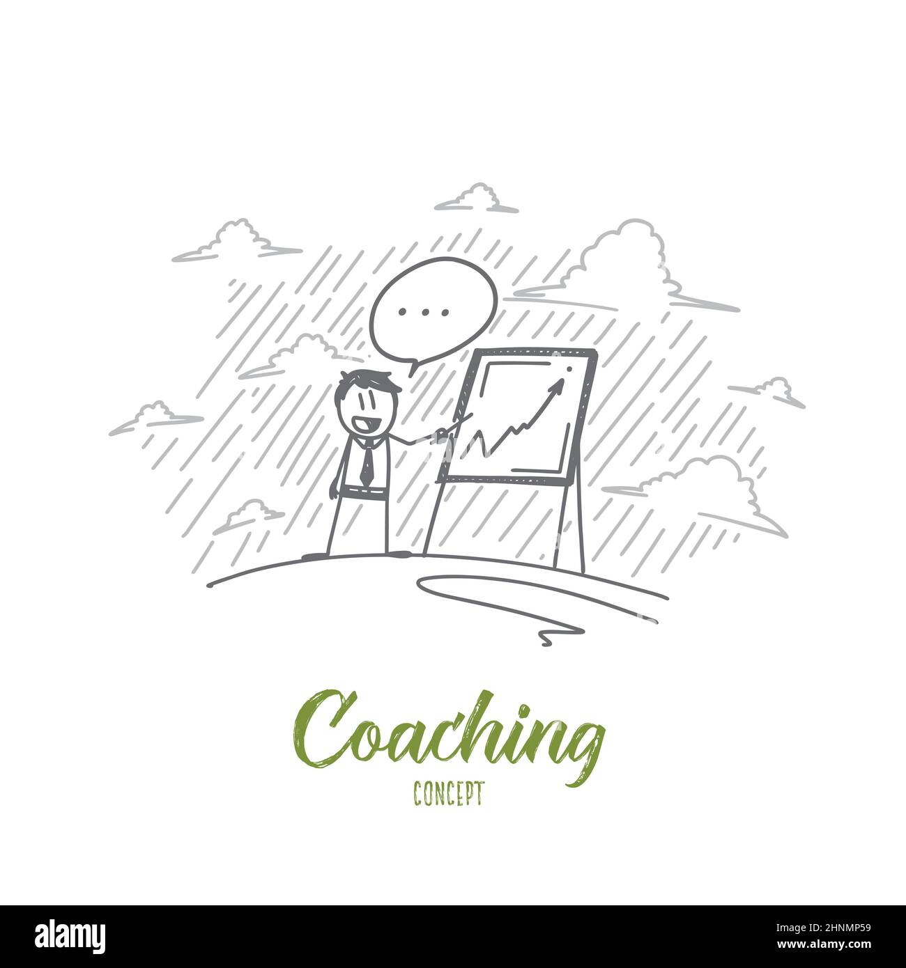 Coaching concept. Hand drawn coach near chipboard teaching people ...