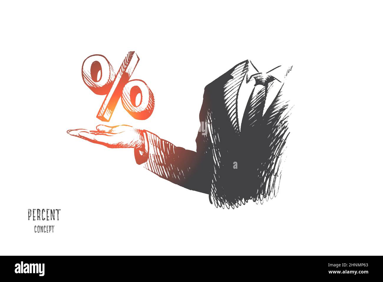 Percent concept. Hand drawn businessman hand with percent sign. Percent ...