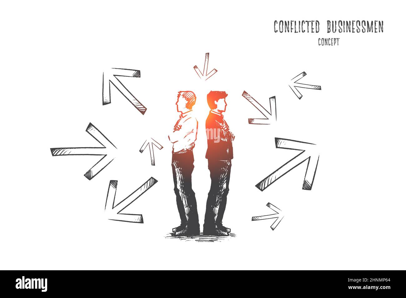 Conflicted businessman concept. Hand drawn conflicted businessmen ...