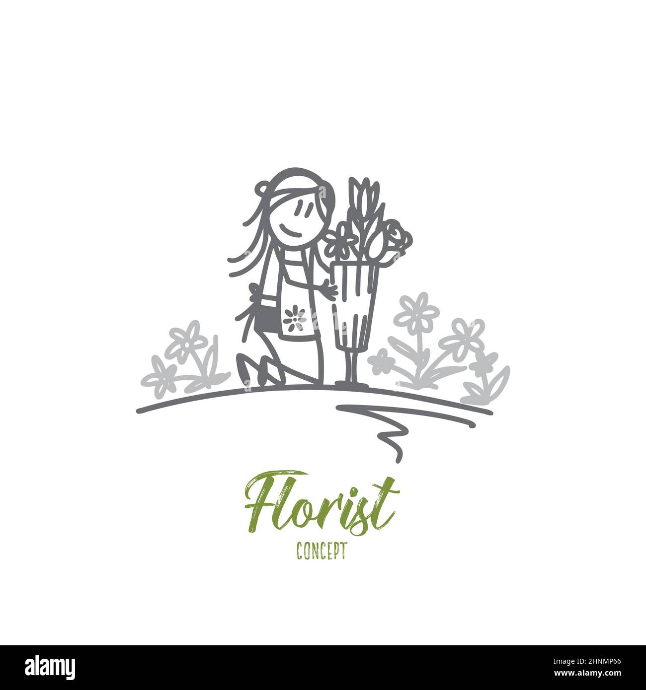 Florist concept. Hand drawn female florist working with flowers ...