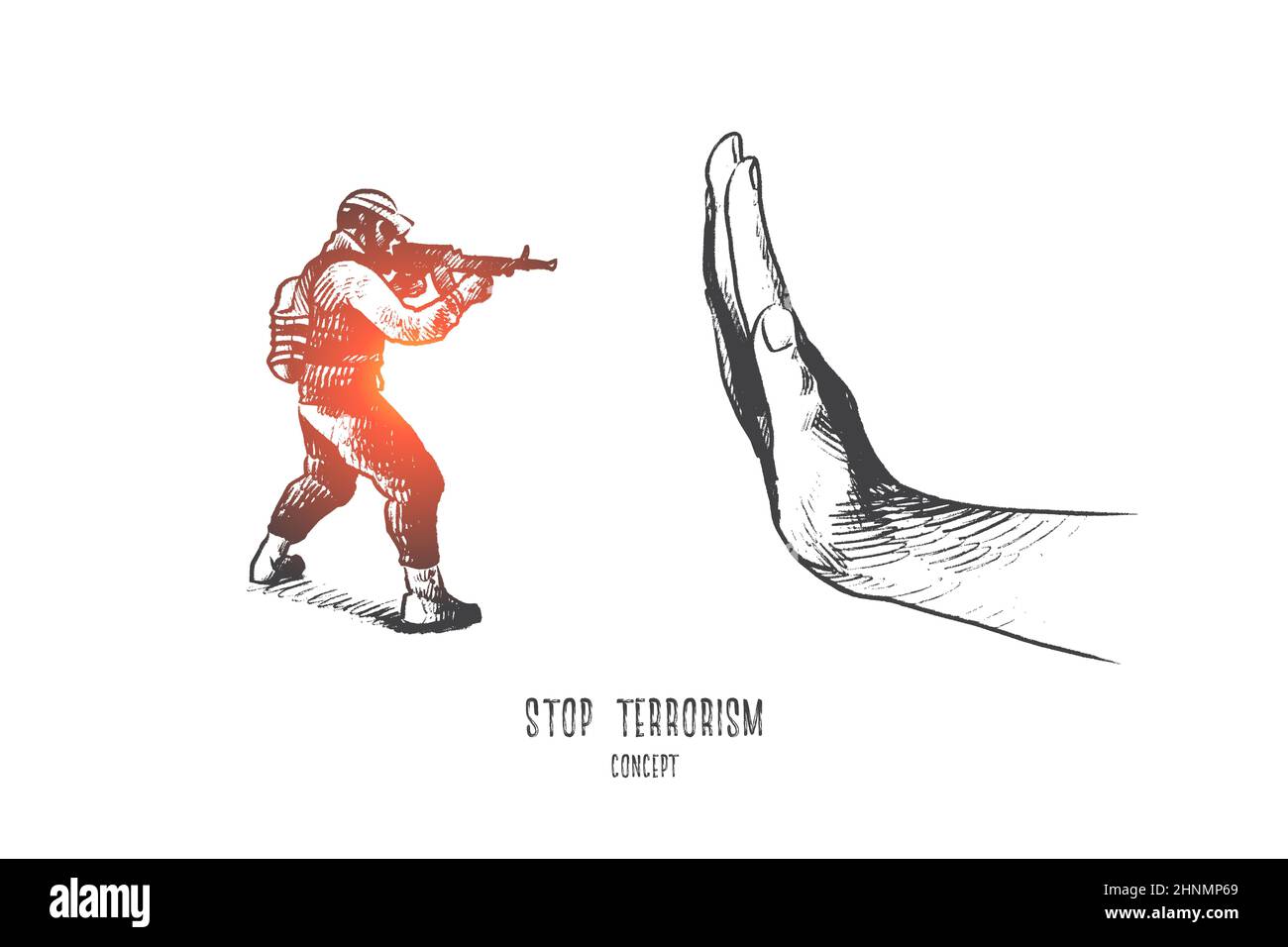 Stop terrorism concept. Hand drawn hand stopping gun violence. Military ...