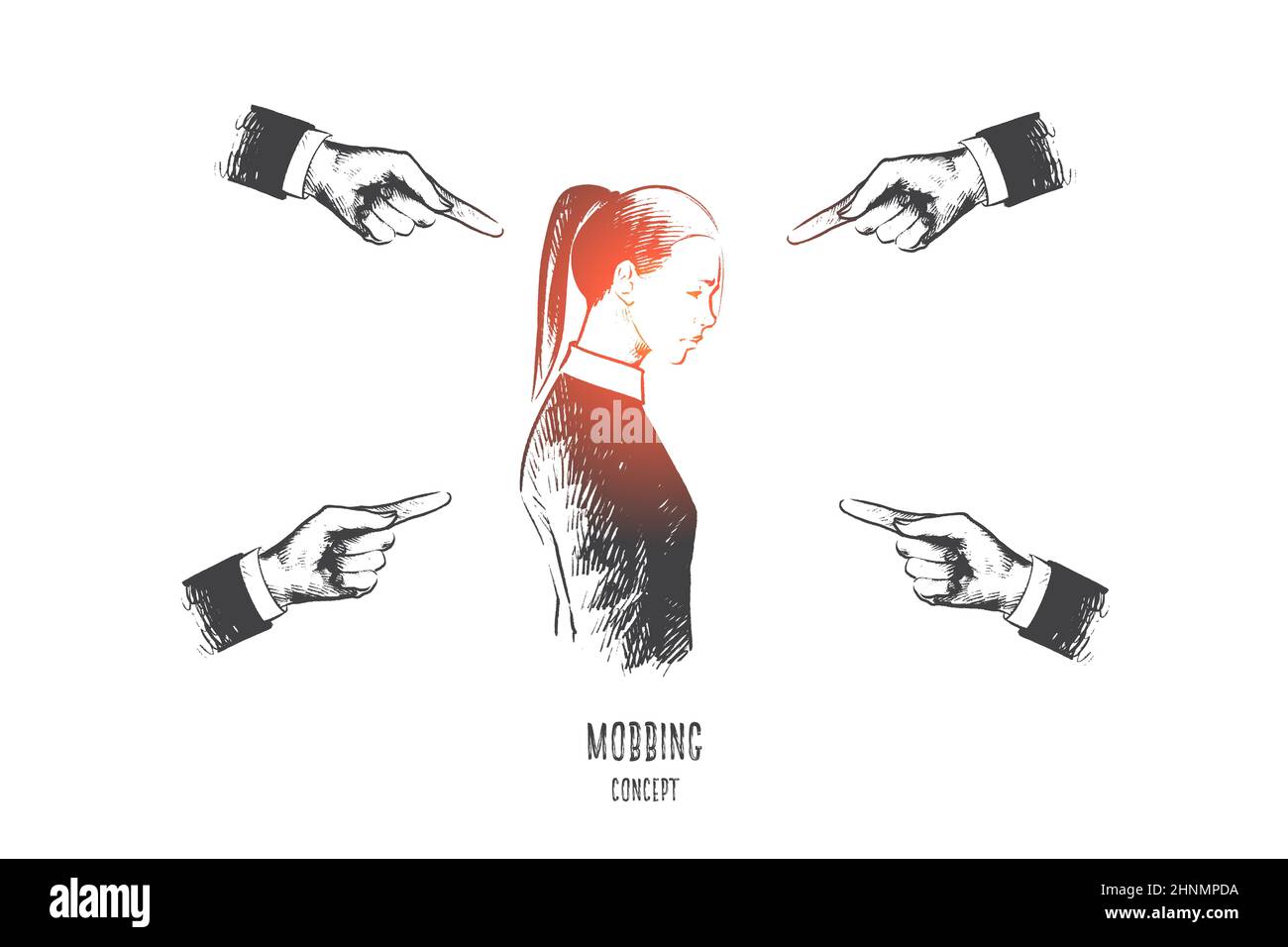 Mobbing concept. Hand drawn many hands pointing on woman. Person is ...
