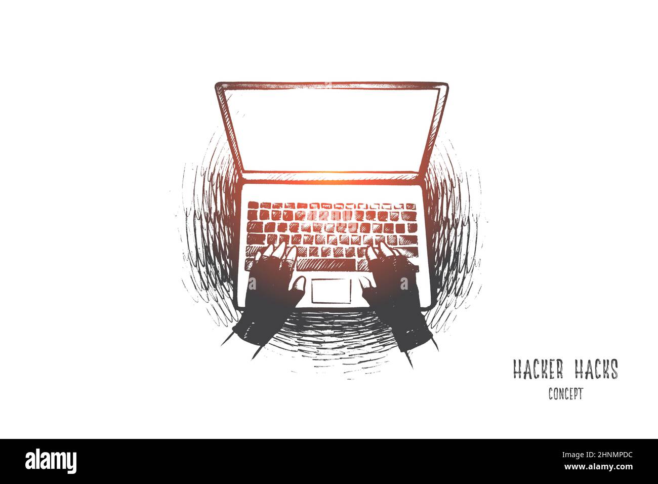 Hacker hack concept. Hand drawn person is ready to start hacking laptop ...