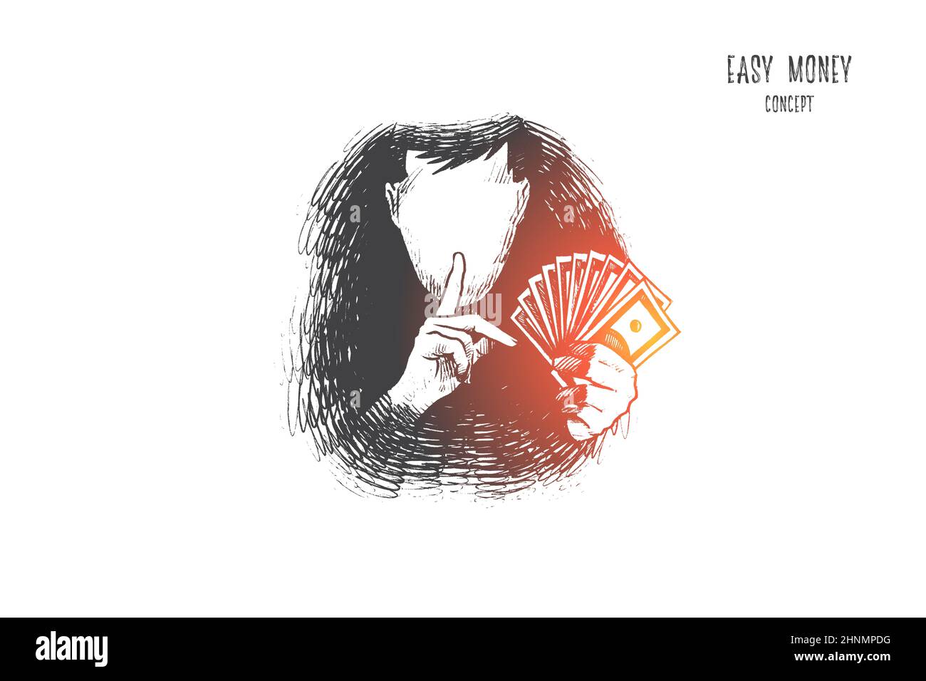 Easy money concept. Hand drawn person find a way to get a lot of money ...