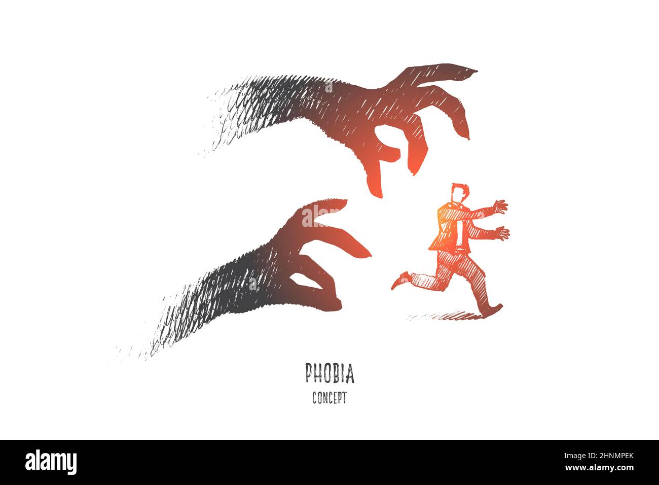 Phobia concept. Hand drawn scared person surrounded by ghost. Man ...
