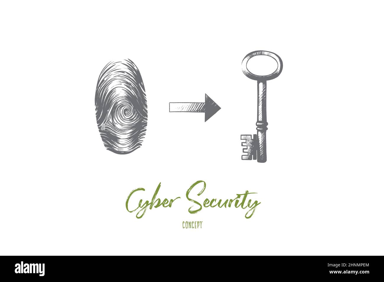 Cyber security concept. Hand drawn digital fingerprint and key. Symbols ...