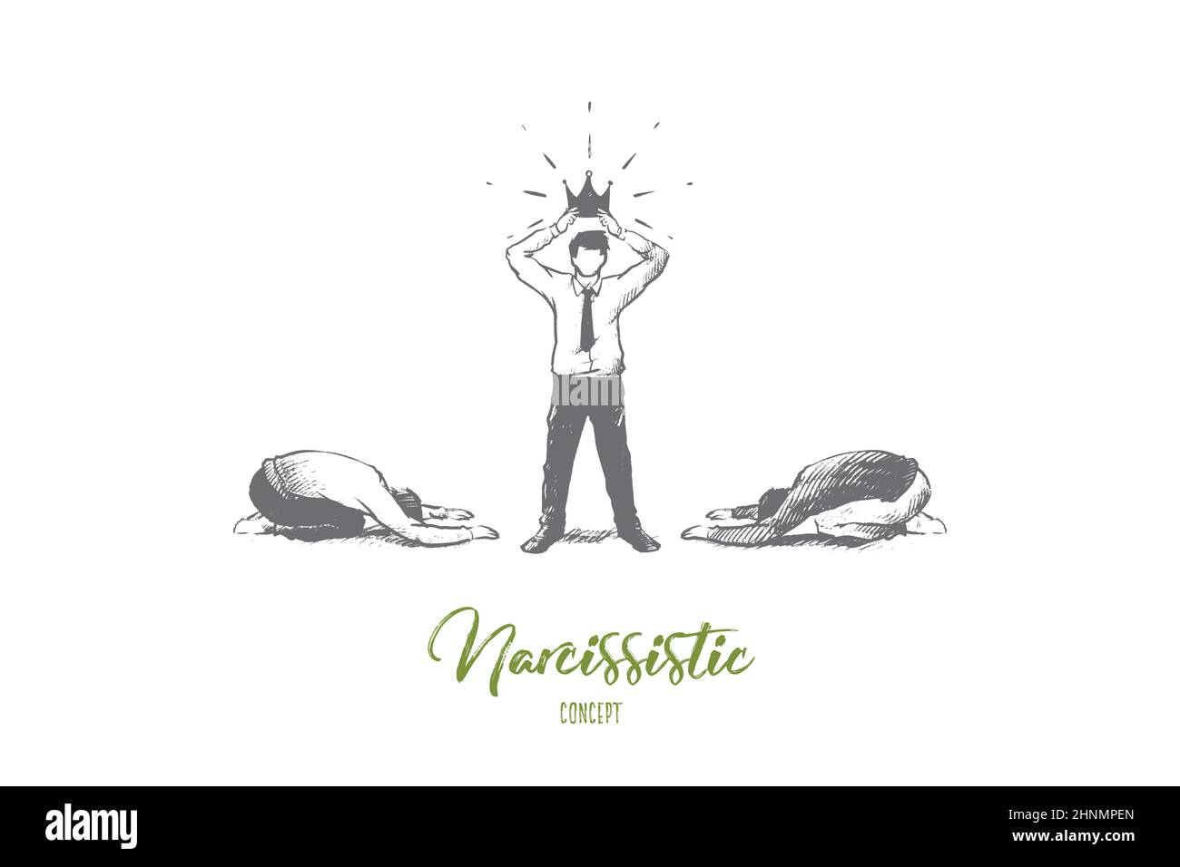 Narcissistic concept. Hand drawn narcissistic man with crown on head ...