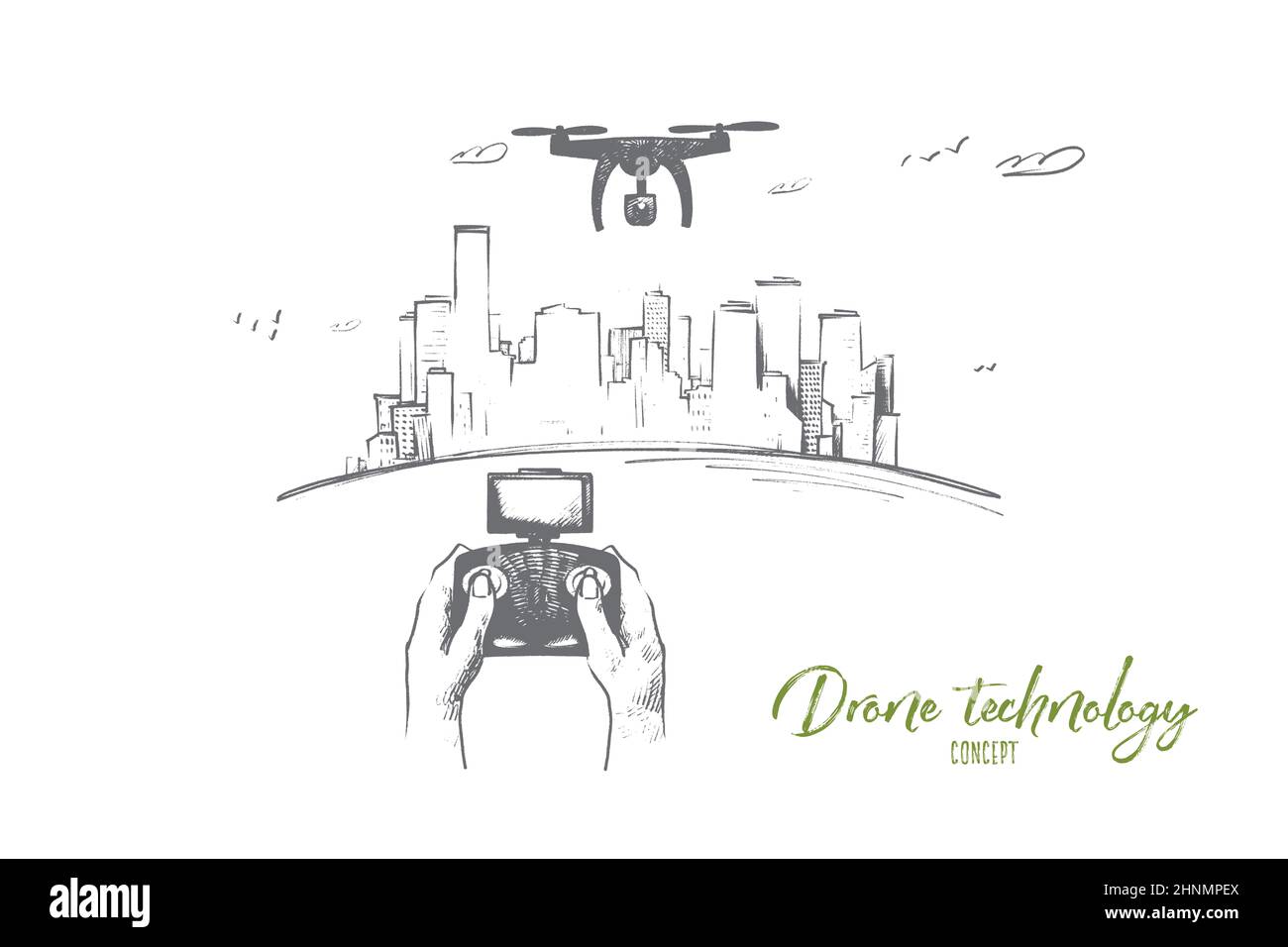 Drone technology concept. Hand drawn person control flight of drone ...