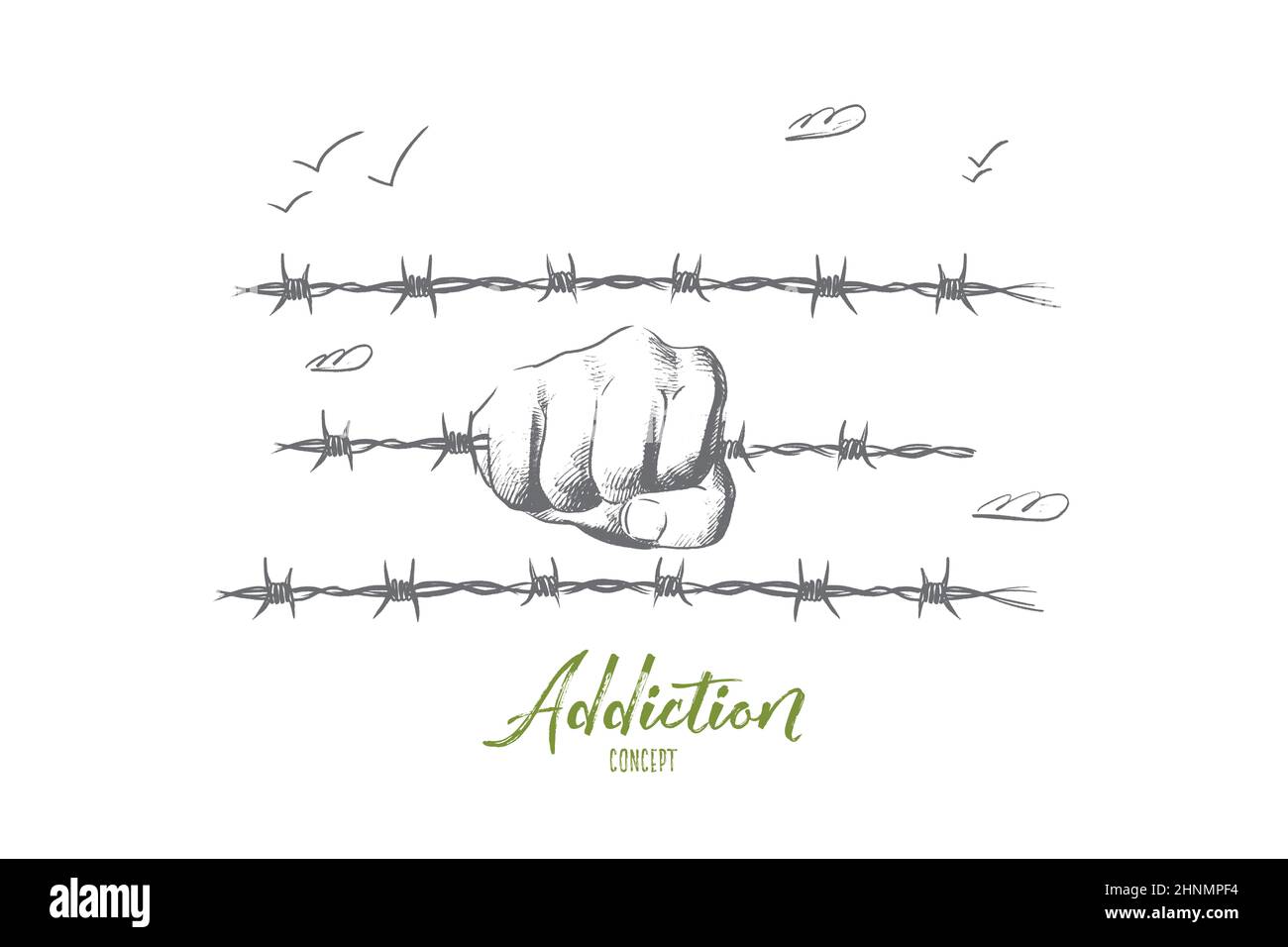Mobbing concept. Hand drawn hand holds a barbed wire. Concept of ...