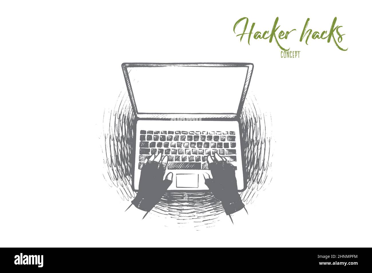 Hacker hack concept. Hand drawn person is ready to start hacking laptop ...