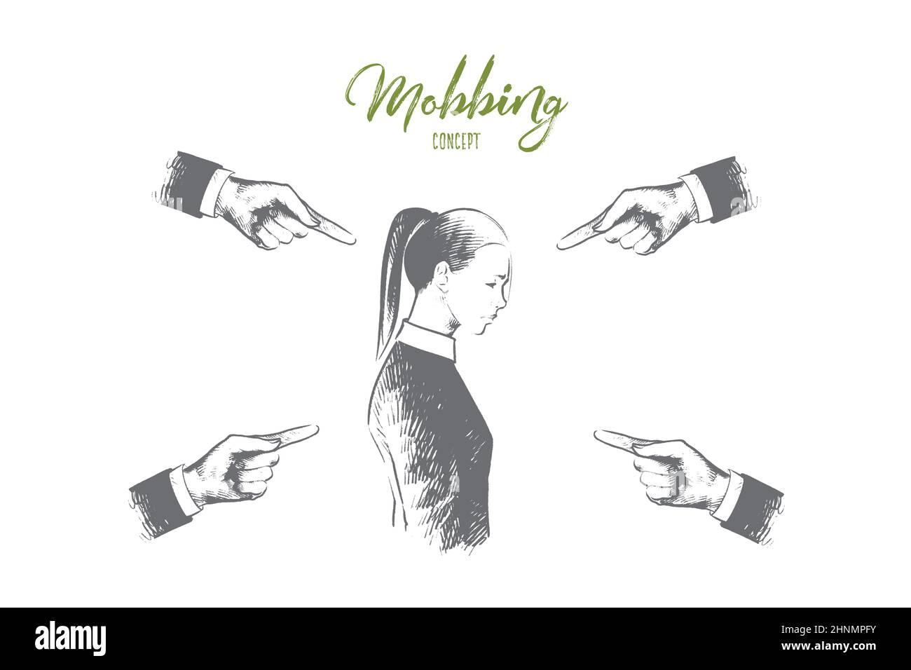 Mobbing concept. Hand drawn many hands pointing on woman. Person is ...