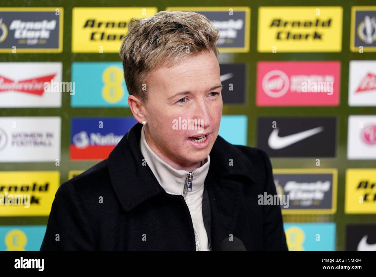 Canada manager Bev Priestman speaks to the media before the Arnold ...