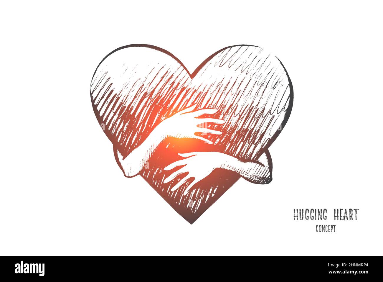 Hugging heart concept. Hand drawn big heart in arms. Love yourself ...