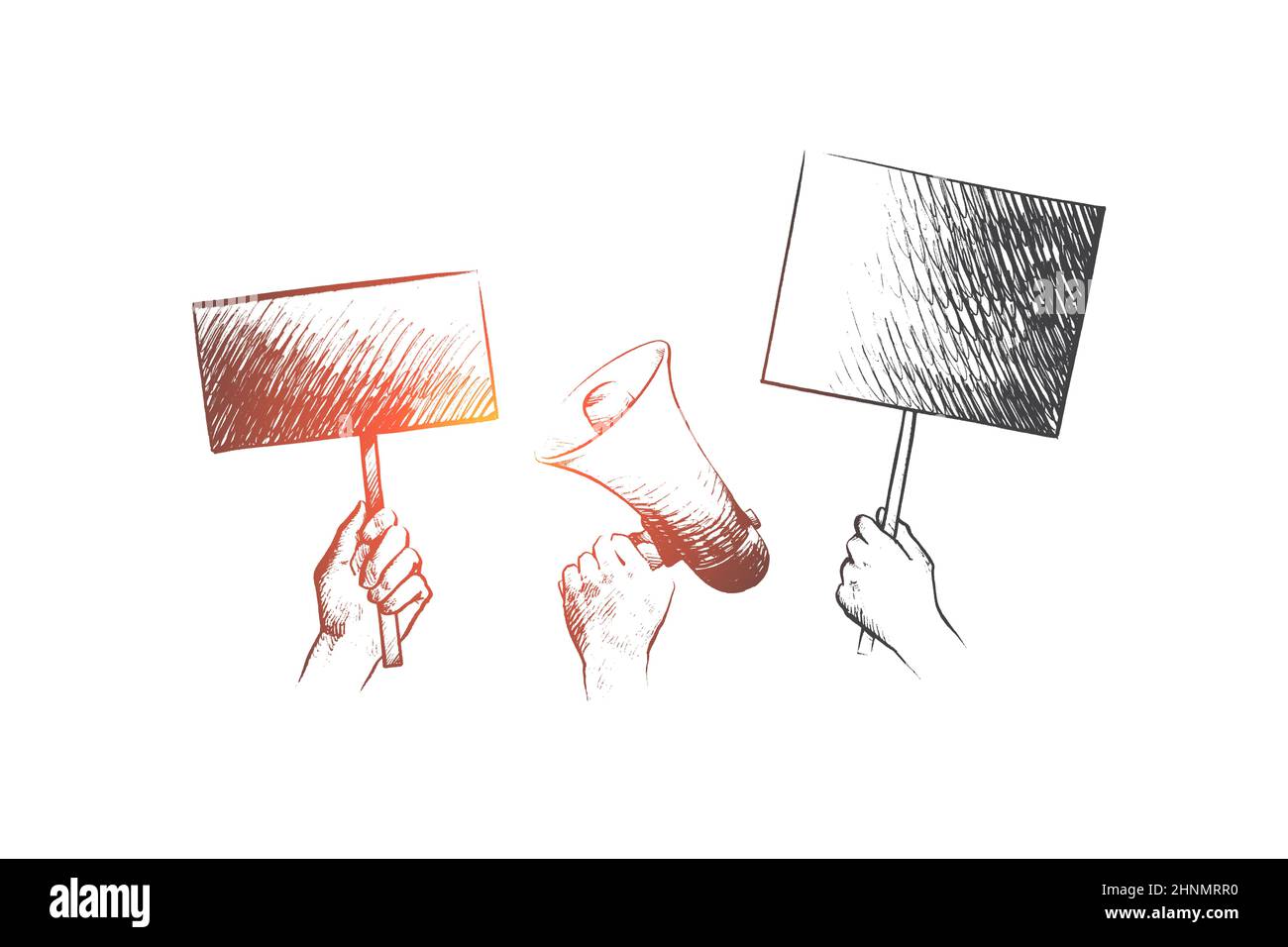 Strike concept. Hand drawn hands with megaphone and posters. Hands of ...