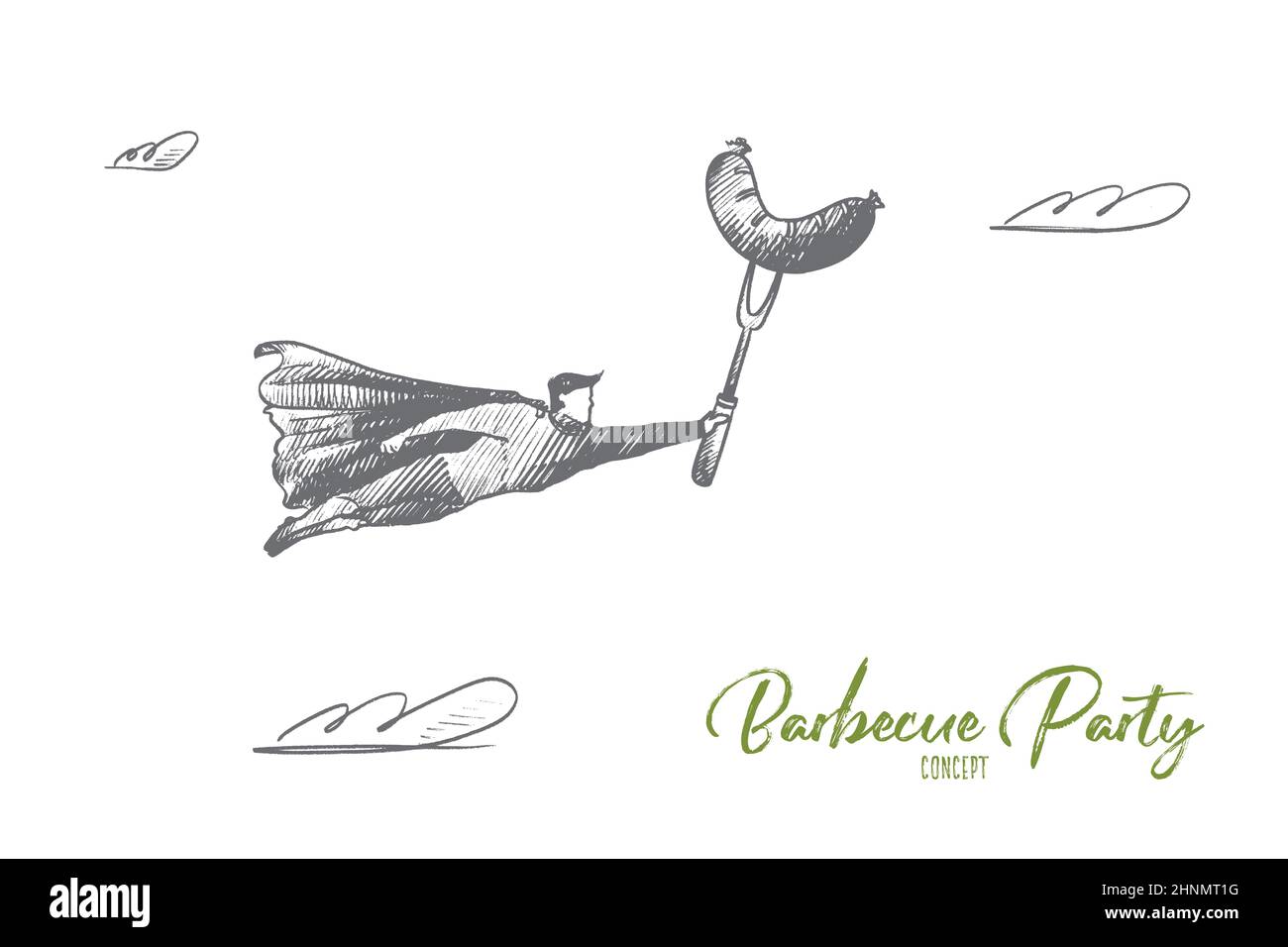 Barbecue party concept. Hand drawn superhero with sausage on fork ...