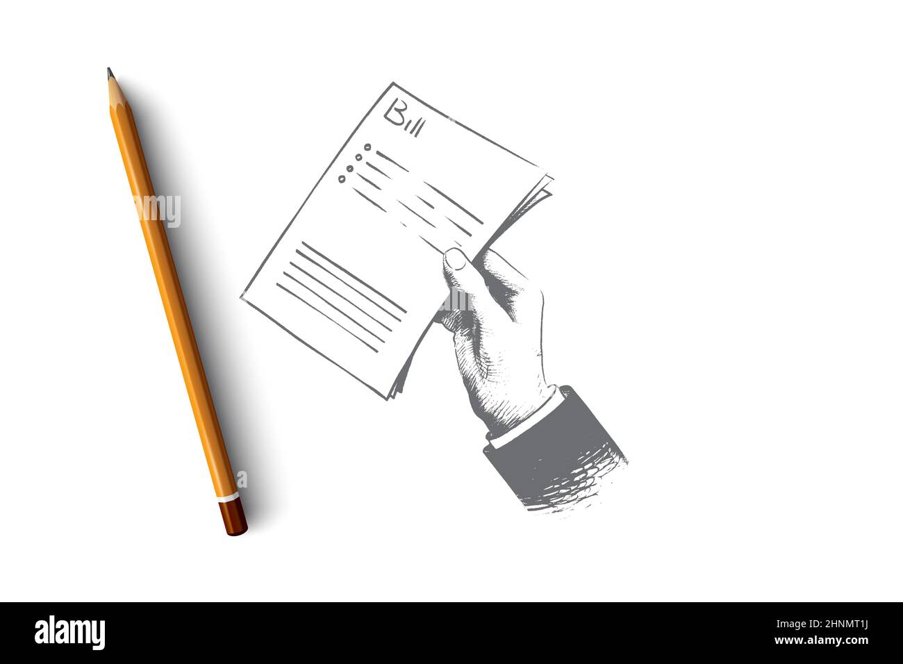 Bill concept. Hand drawn check in hand of man. Person holds paper bill ...