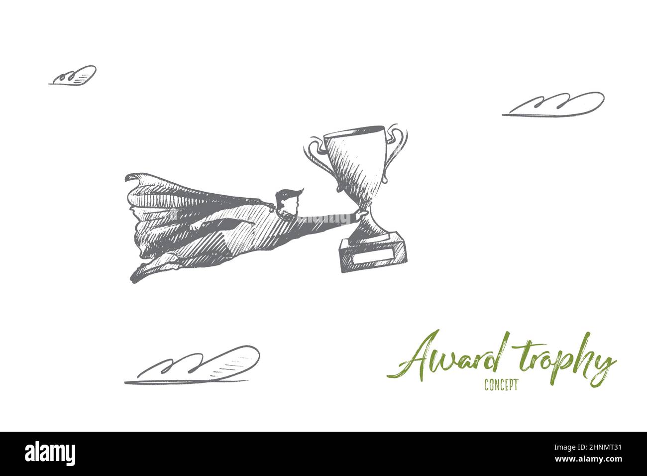 Award trophy concept. Hand drawn superhero with cup for winner. Flying ...