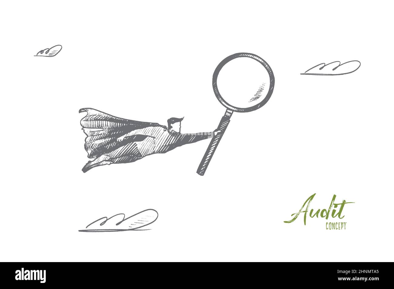 Audit concept. Hand drawn superhero with magnifying glass in hand ...