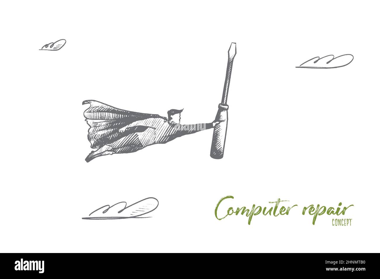 Computer repair concept. Hand drawn superhero with screwdriver in his ...