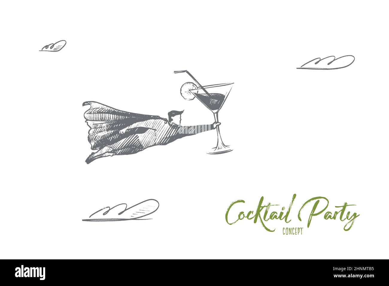 Cocktail party concept. Hand drawn superhero with alcohol drink in his ...