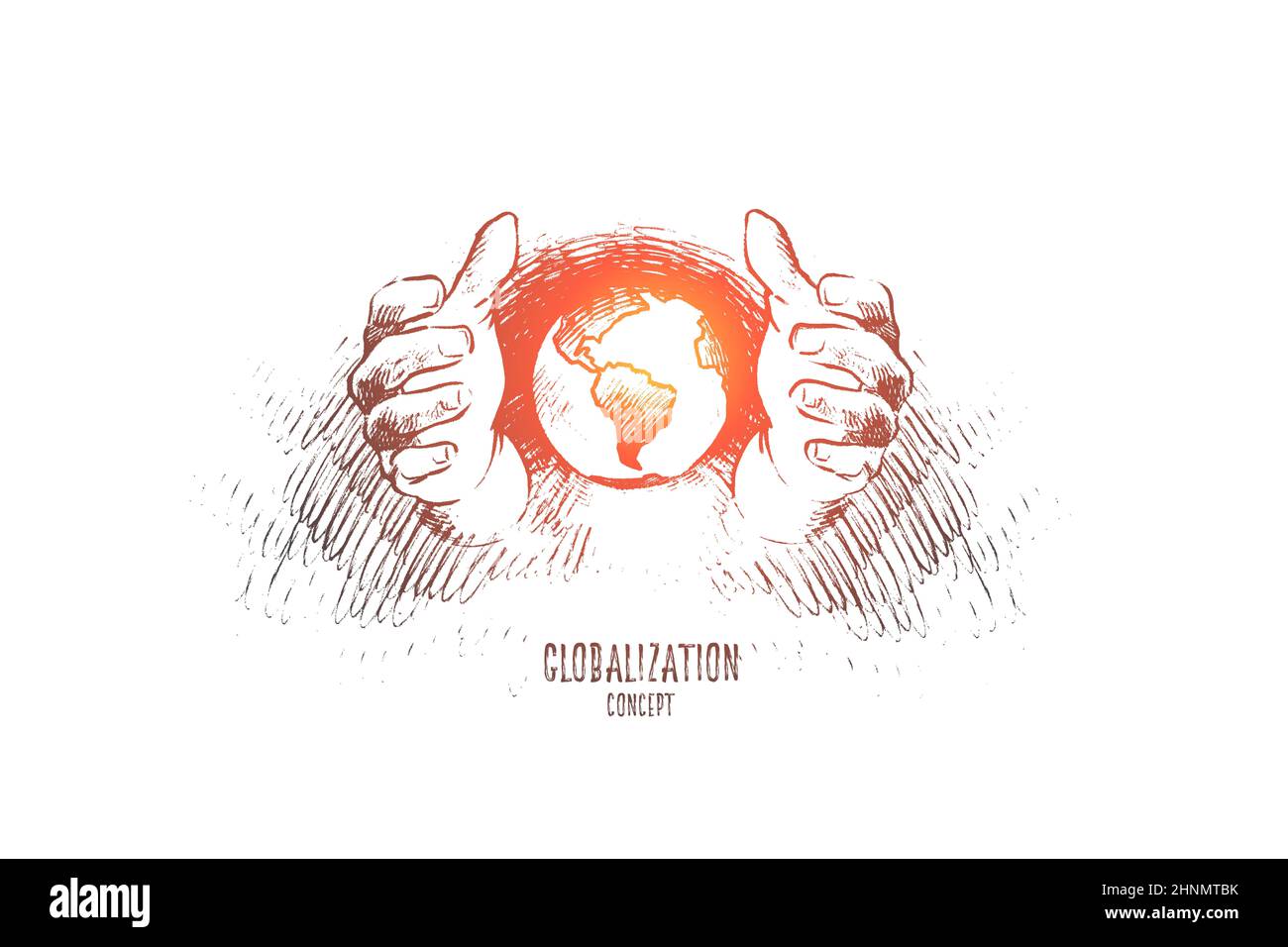 Globalization concept. Hand drawn Earth in human hands. Sphere of globe ...
