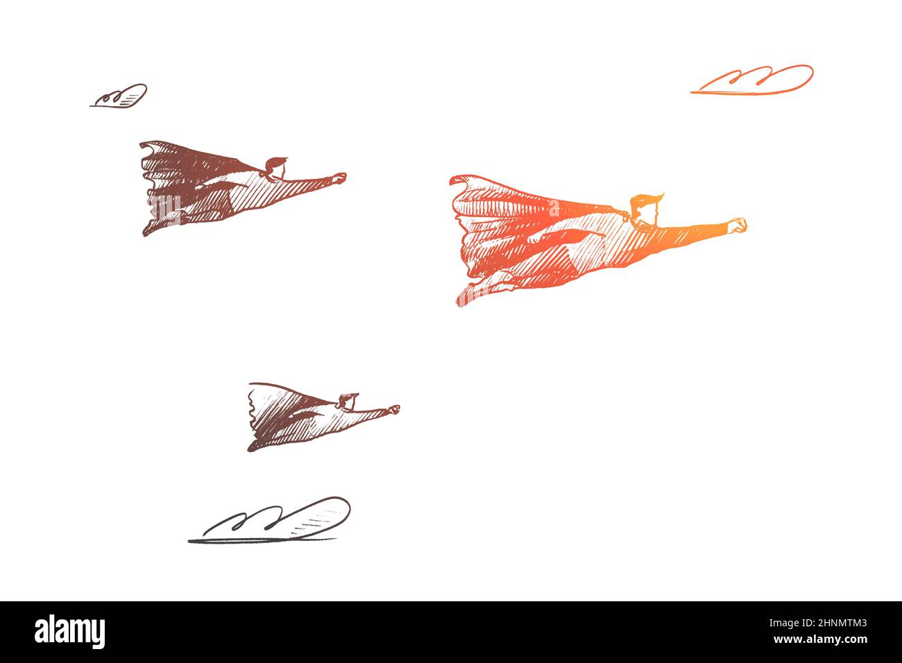 Leaderships concept. Hand drawn superhero as leader of team. Flying ...